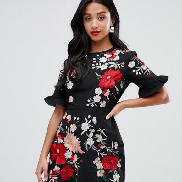 ASOS | Dresses | Asos Black Floral Embroidered Mini Dress | Poshmark